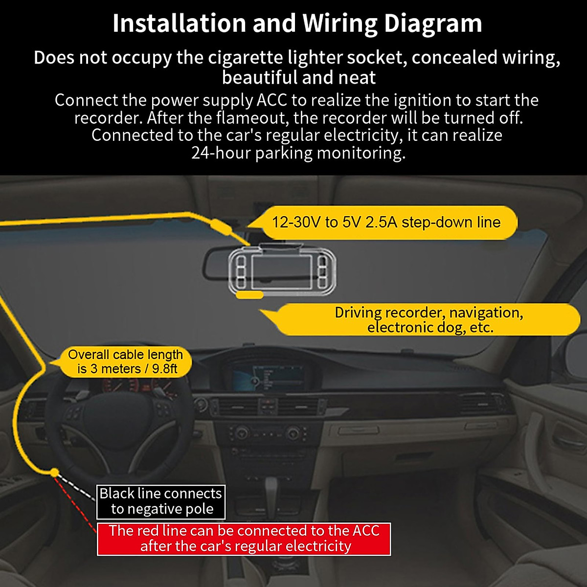Car Parking Monitoring Line,Dash Cam Hardwire Kit 12V,24V to 5V 2.5A Left Angle Mini USB Step Down Line for Parking Monitoring