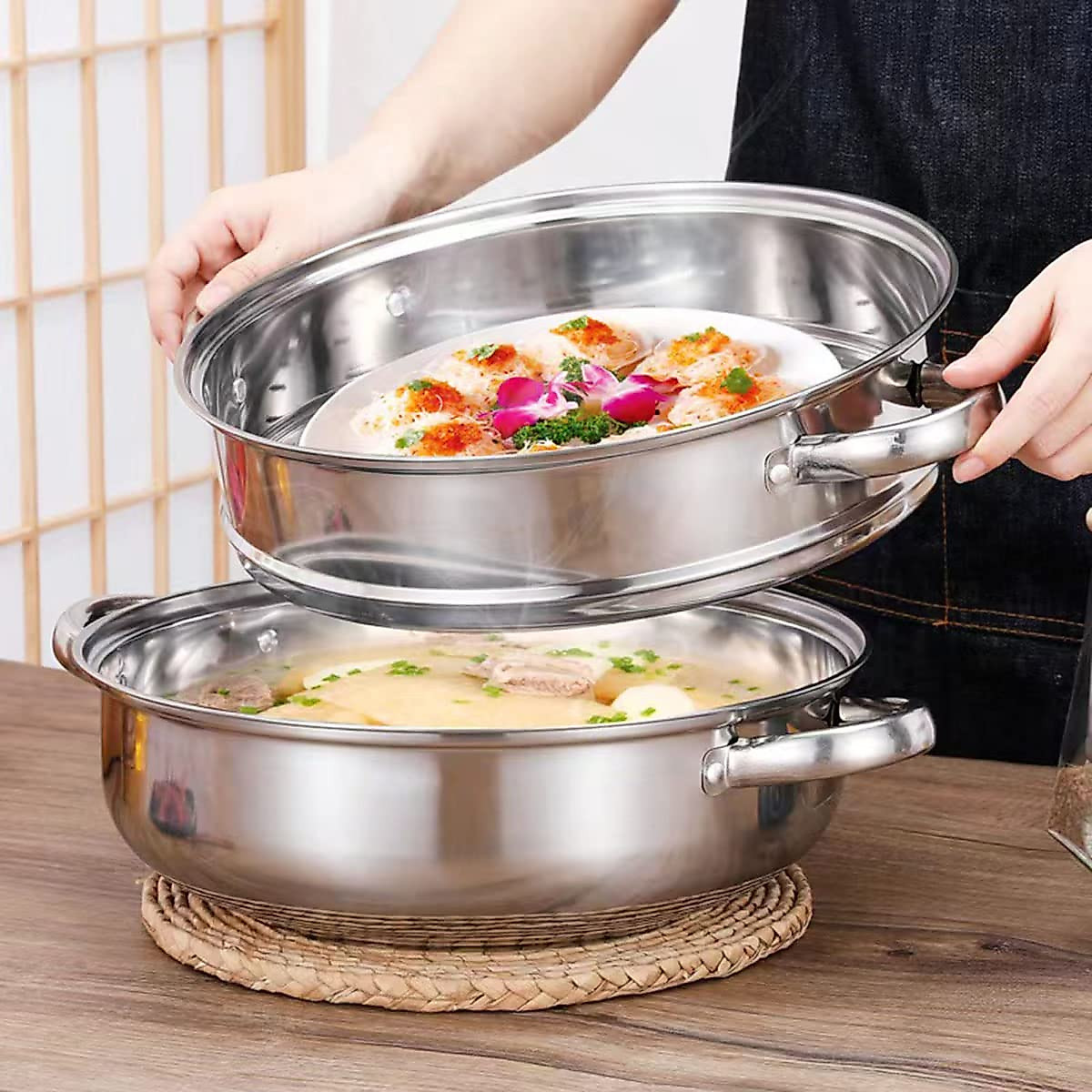 Steamer for Cooking, 18/8 Stainless Steel Steamer Pot, Food Steamer 11 inch Steam Pots with Lid 2-tier for Cooking Vegetables, Seafood, Soups, Stews and Pasta