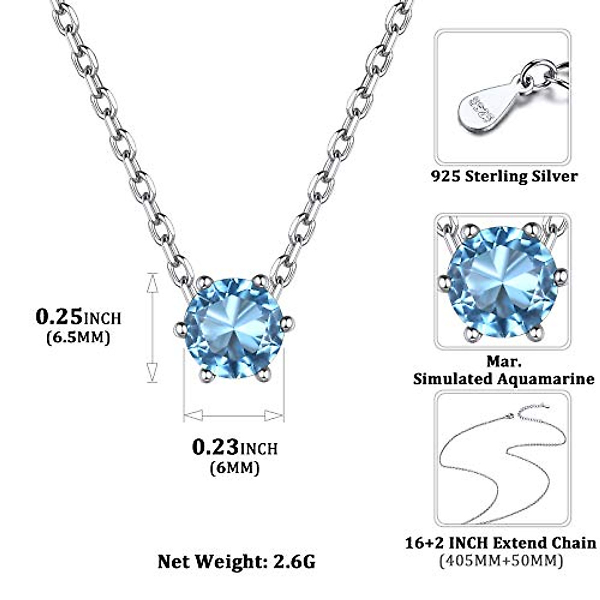 ChicSilver March Birthstone Necklace 925 Sterling Silver Blue Aquamarine Necklace Tiny Birthstone Jewelry with 16 Inch Chain Necklace
