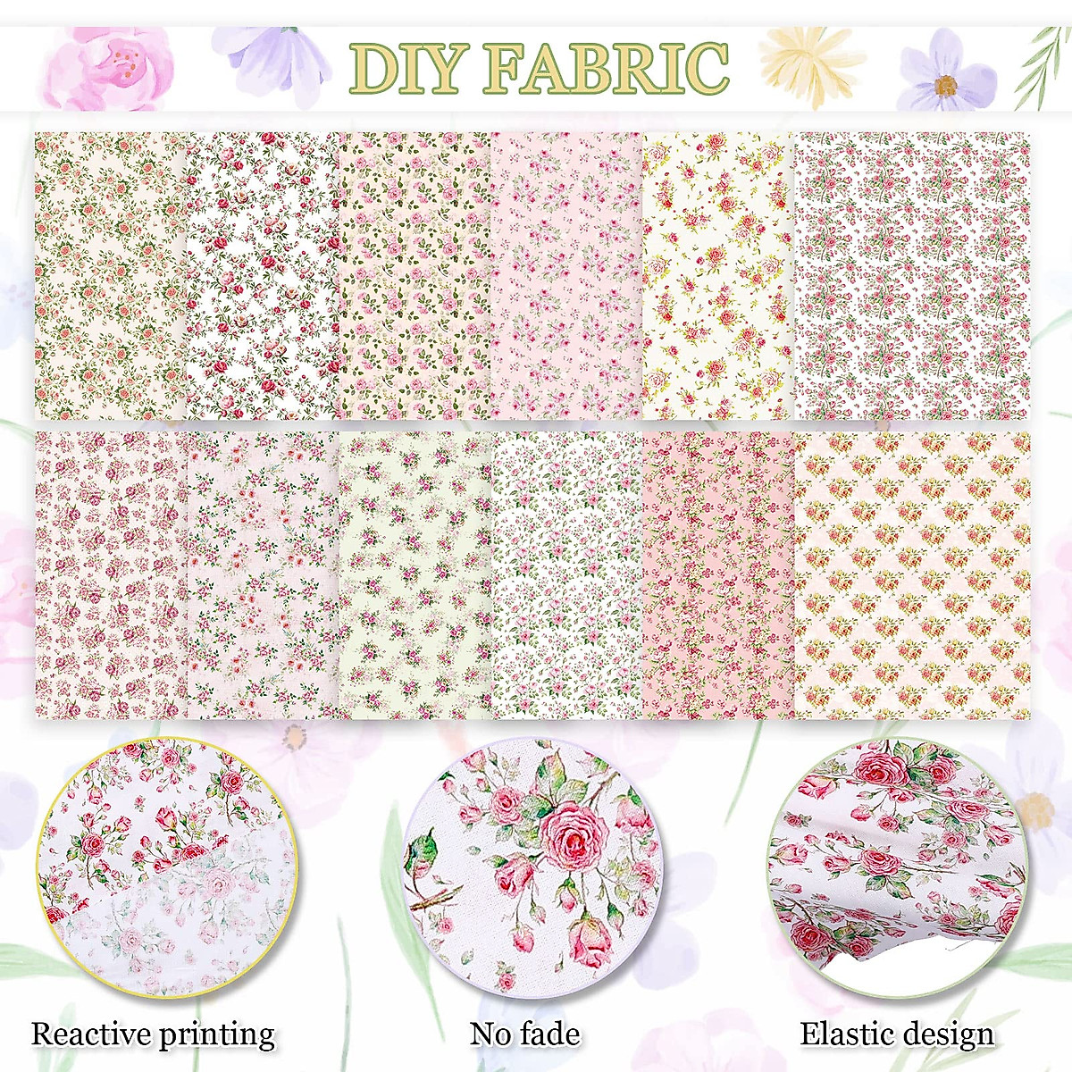 Whaline 12Pcs Spring Cotton Fabric Bundles 18 x 22 Inch Floral Quilting Fabric Patchwork Flower Pattern Precut Fat Quarters for Spring Birthday Sewing DIY Crafts Handmade Clothing