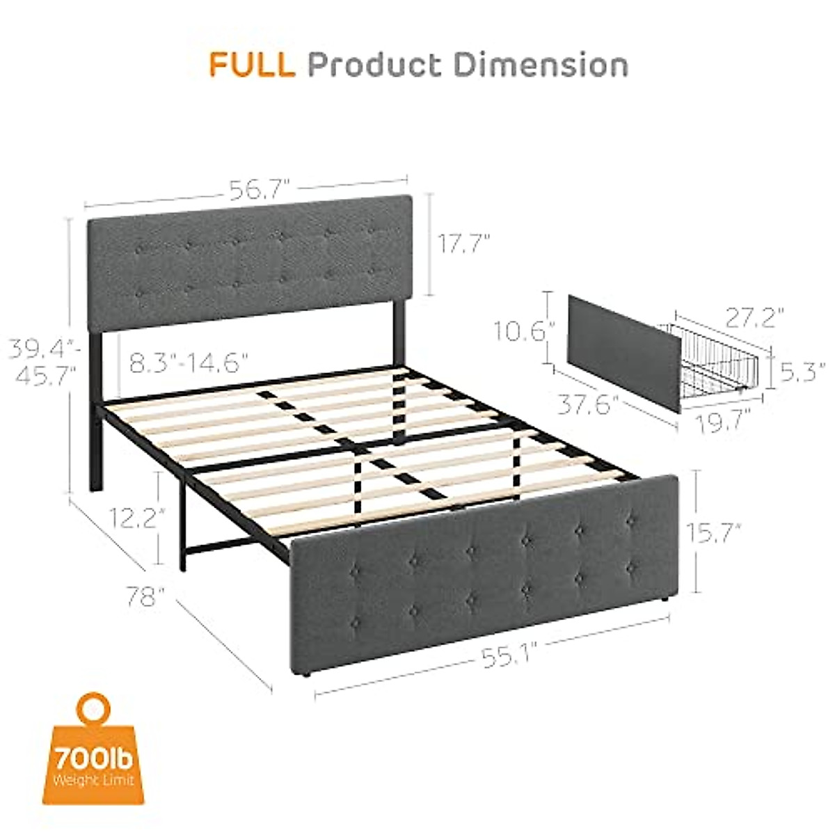 Amyove Full Size Bed Frame with 4 Storage Drawers,Grey Full Size Platform Bed Frame with Adjustable Headboard and Wooden Slats Support,No Box Spring Needed (Full)