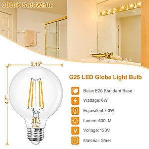 Dekang 8-Pack G25 LED Globe Light Bulbs 3000K Soft White, Vintage E26 Base Edison Light Bulbs 60W Equivalent, 6W Round Light Bulbs with Filament for Bathroom Vanity, Clear Glass, 600LM, Non-dimmable