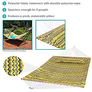 Sunnydaze 2-Person Quilted Printed Fabric Spreader Bar Hammock and Pillow - Large Modern Hammock with Metal S Hooks and Hanging Chains - Heavy Duty 450-Pound Weight Capacity - Yellow and Gray Chevron