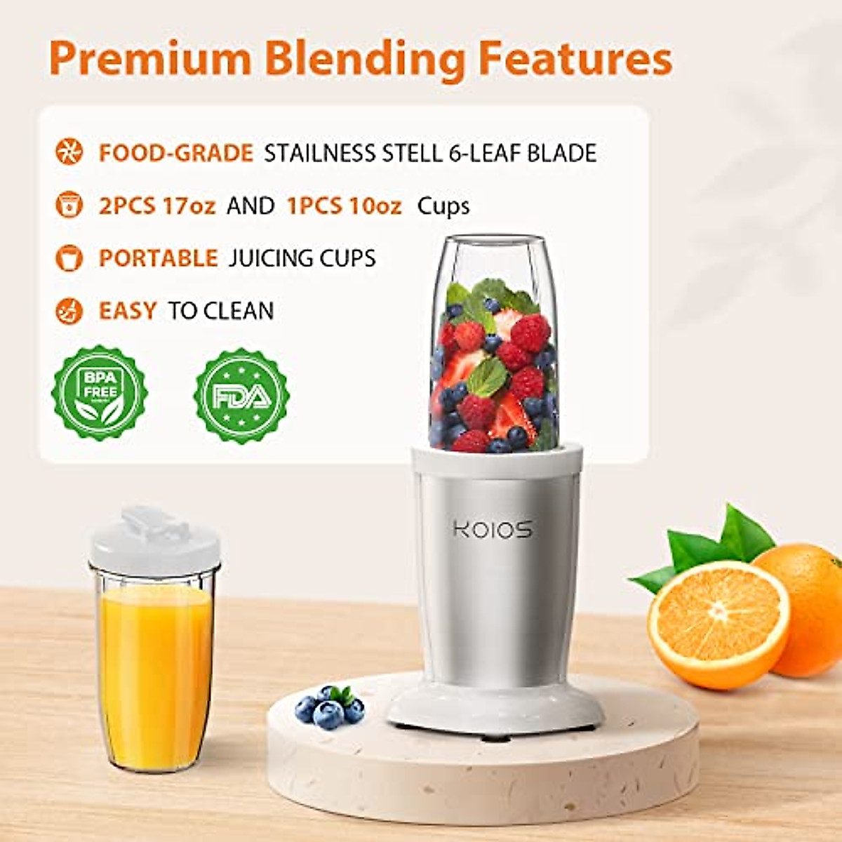 KOIOS PRO 850W Bullet Personal Blender for Shakes and Smoothies, Protein Drinks, 11 Pieces Set Blender for Kitchen Baby Food with Ultra Smooth 6-Edge Blade, Coffee Grinder for Beans, Nuts, Spices, 2x17 Oz + 10 Oz Large & Small To-Go Cups, 2 Spout Drinking