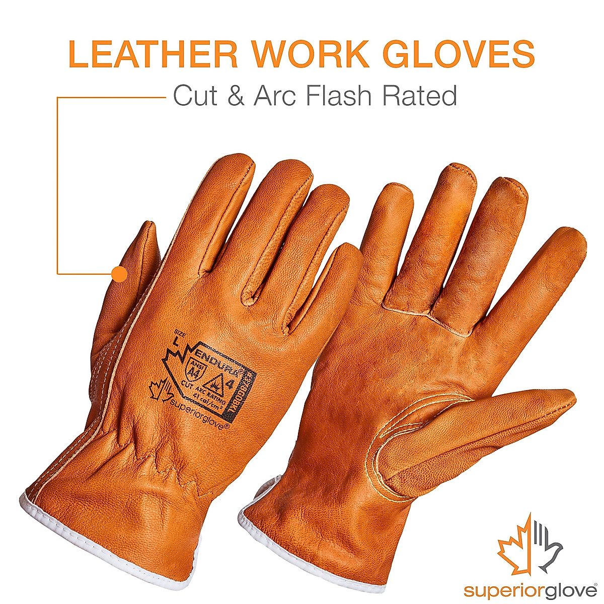 Superior Glove Goat Grain Leather Work Arc Flash Gloves with ParaActiv Cut Resistant Protection - Endura Safety Gloves Water Resistant 378GOBKL (1 Pair) Size Large