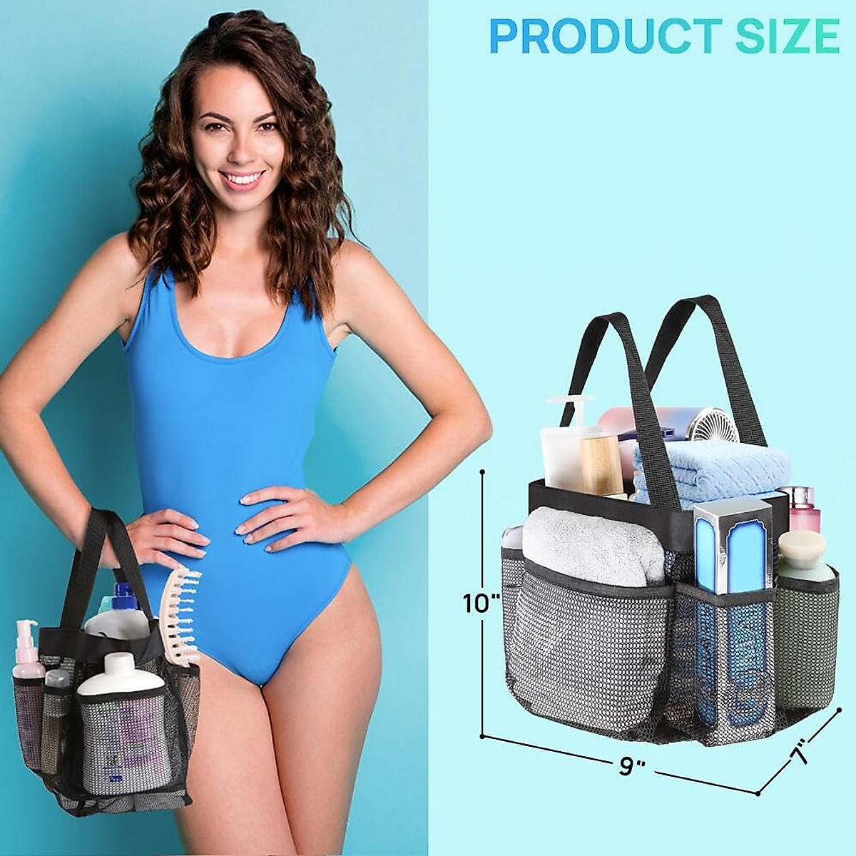 KAKULO Mesh Shower Caddy Portable for College Dorm Room Essentials, Portable Shower Caddy Dorm with 8-Pocket Large Capacity, Shower Bag for Beach, Swimming, Gym (Black 1PCS)