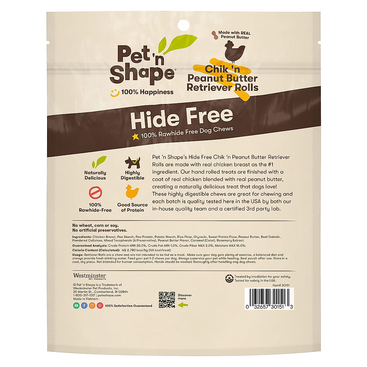 Pet 'n Shape Hide Free Chik 'n & Peanut Butter 4" Retriever Rolls, 6 Count 12.6 oz - Rawhide Free Dog Treats - No Hide Alternative Chew Treat for All Life Stages