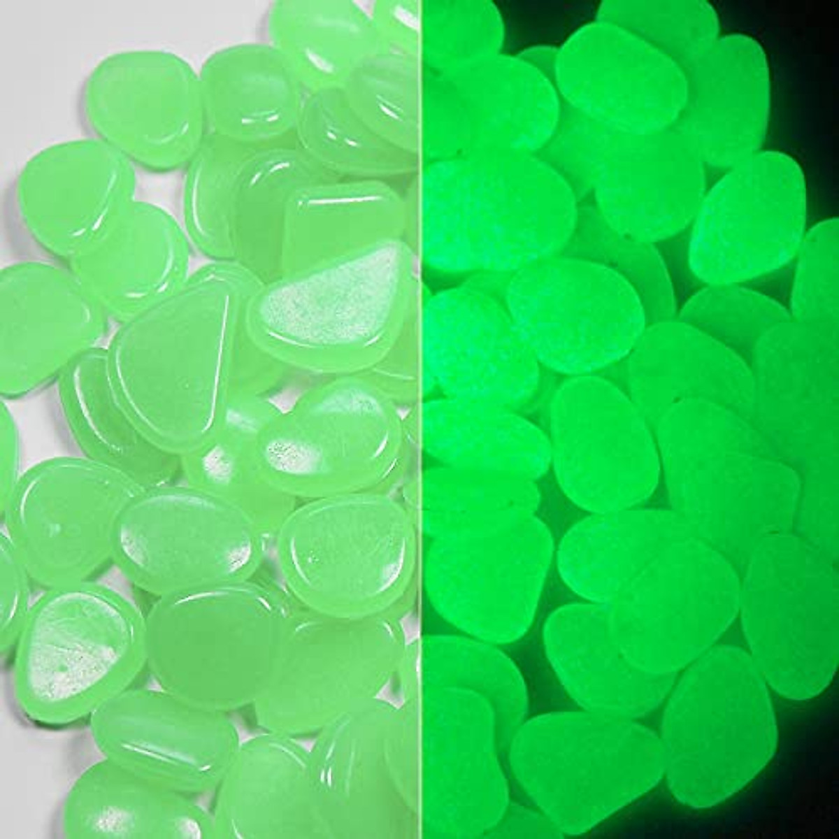 Muzero Glow in The Dark Pebbles, 100pcs Green Glowing Rocks Luminous Stone for Fish Tank, Garden Yard, Path Patio Aquariums Rocks Decor Light Up Rocks