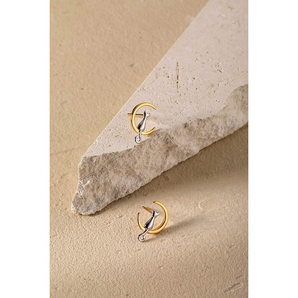 S.Leaf Cat Earrings Sterling Silver Earrings Cat Moon Earrings Cat Stuff for Cat Lovers Cat Lovers Cat Jewelry for Women Cat People Gifts for Women (silver and gold)