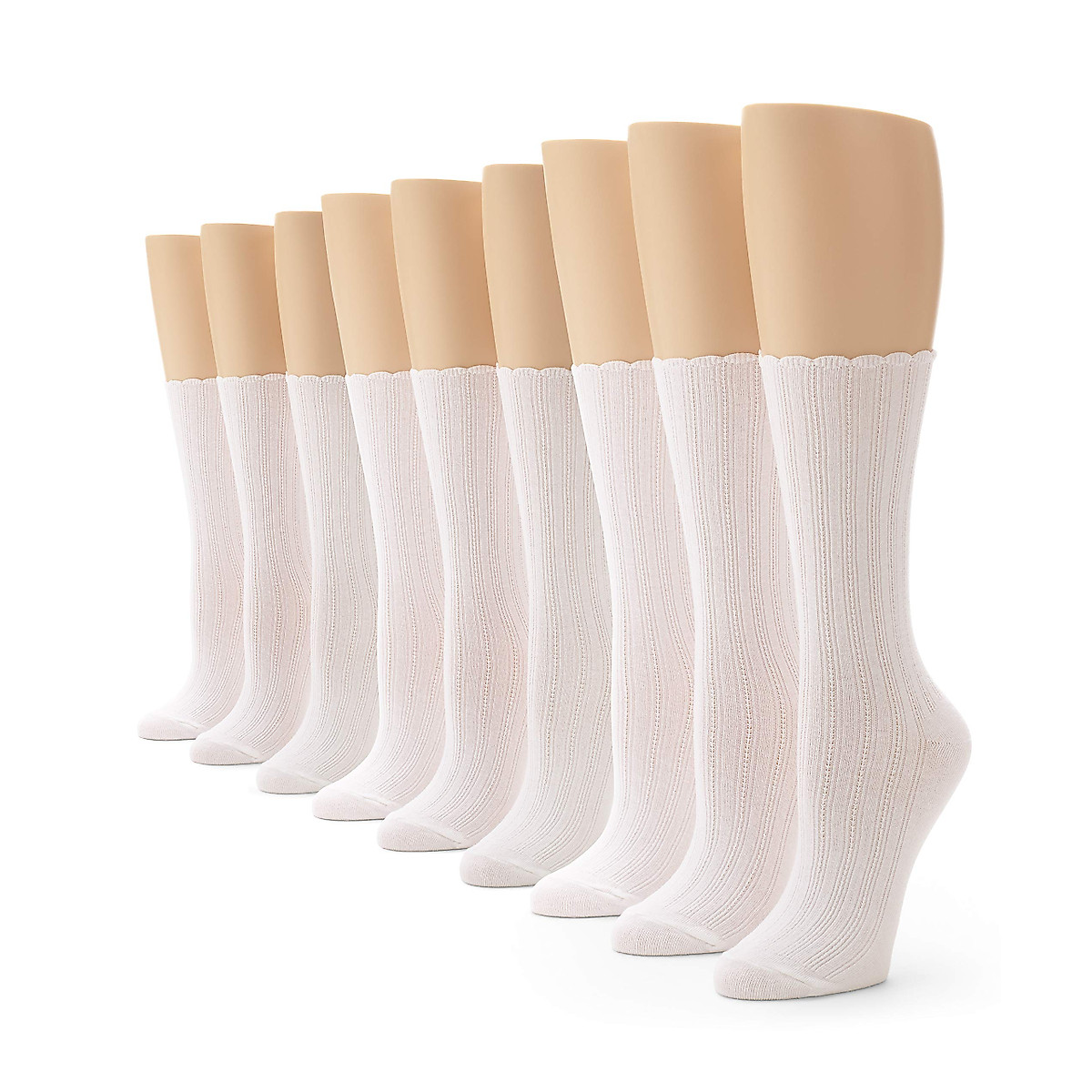 No nonsense womens Scallop Pointelle Crew Socks, White - 9 Pair Pack, One Size US