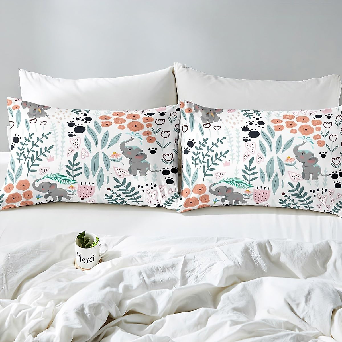 Erosebridal Kawaii Elephant Bedding Set,Cartoon Elephant Duvet Cover Twin,Cute Love Heart Leaf Flower Comforter Cover for Kids Girls Boys,Paw Print Animals Bed Set with 1 Pillow Case