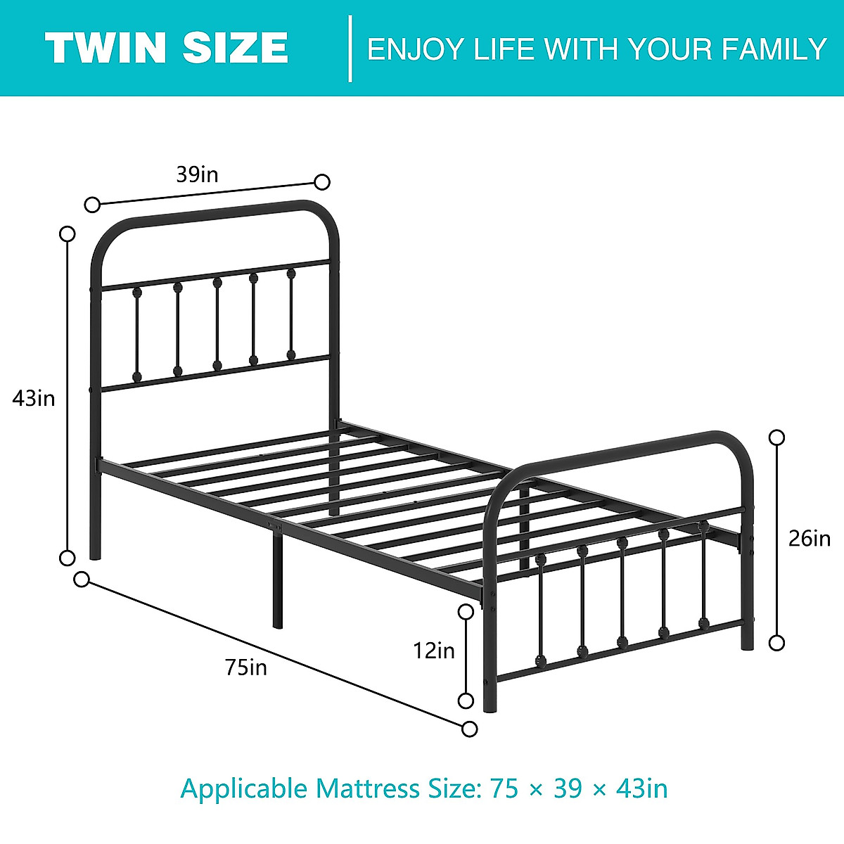 Walsunny Classic Metal Platform Bed Frame Mattress Foundation with Victorian Style Iron-Art Headboard/Footboard, Under Bed Storage, No Box Spring Needed, Twin Size