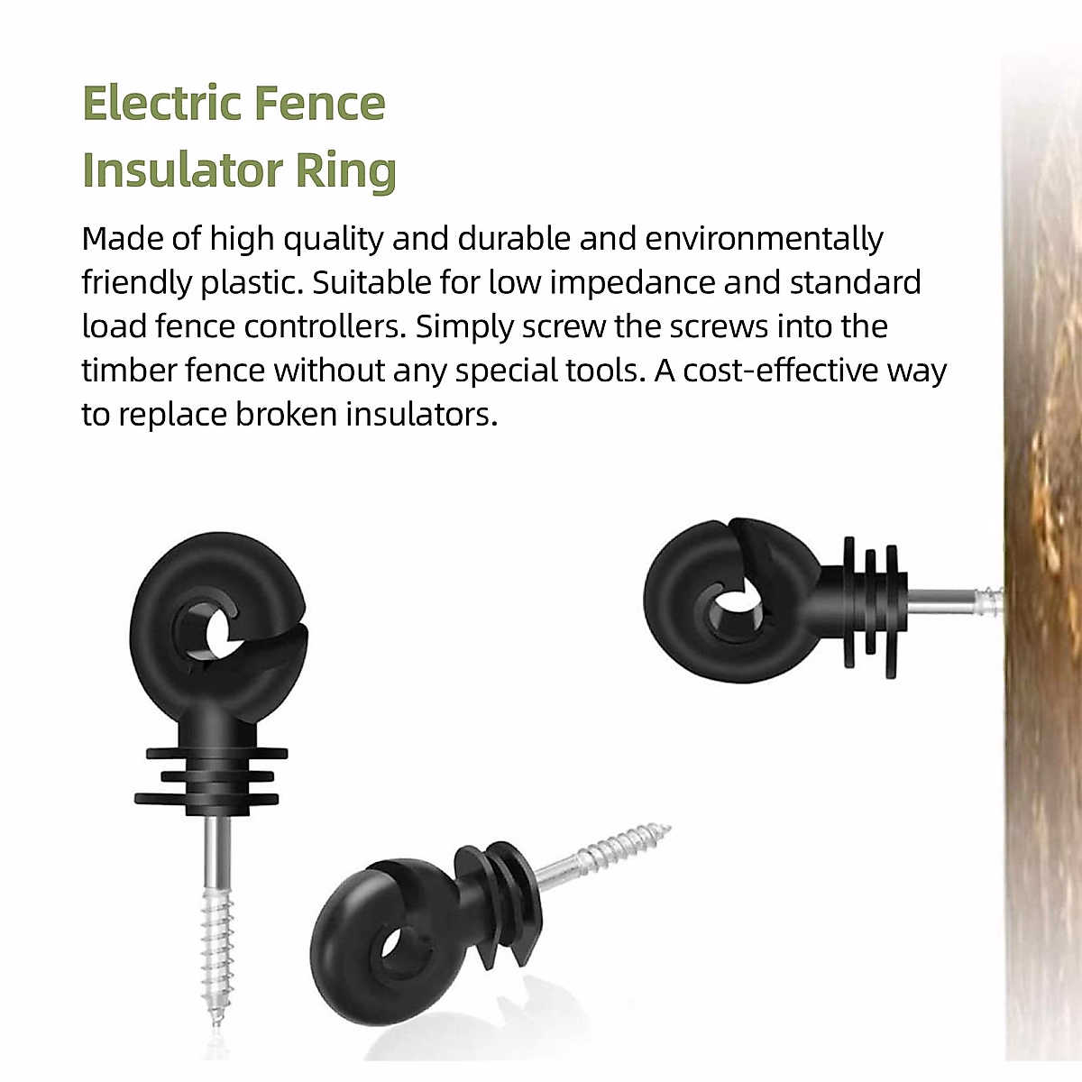 100Pcs Black Electric Fence Insulator Screw-in Insulator Fence Ring Post Wood Post insulators and 1 Pc Free Insulator Socket Tool(Grid System Accessories for Animal Husbandry Electronic)