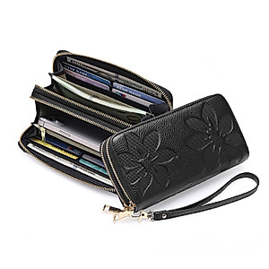 GOIACII Women's Wallet Large Capacity Double Zip Around Credit Card Holder Leather Ladies Wallet with RFID Blocking Phone Wristlet Purse Black