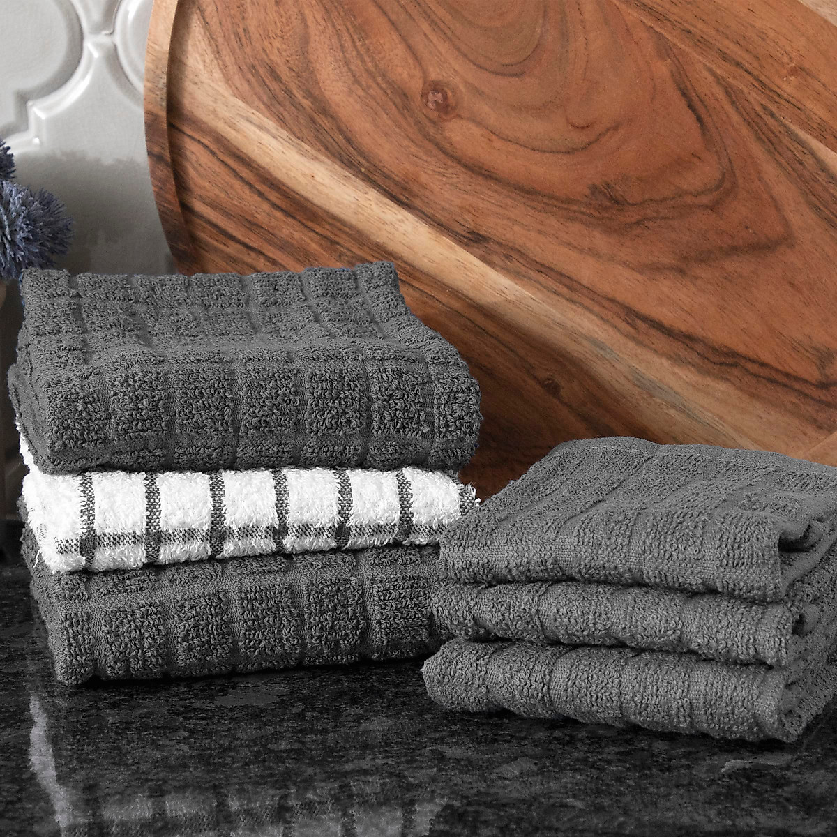 Ritz Premium Kitchen Towel and Dish Cloth Value Set: Highly Absorbent, Super Soft, Long-Lasting, 100% Cotton Checked and Solid Hand Towels, Tea Towels, Bar Towels - 6 Pack, Graphite