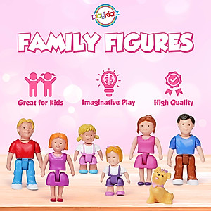 Playkidz Family Figures - Set of 7 Small Toy People for Dollhouse Play, Includes Parents, Sibling, and Pet - Doll House Accessories for Children