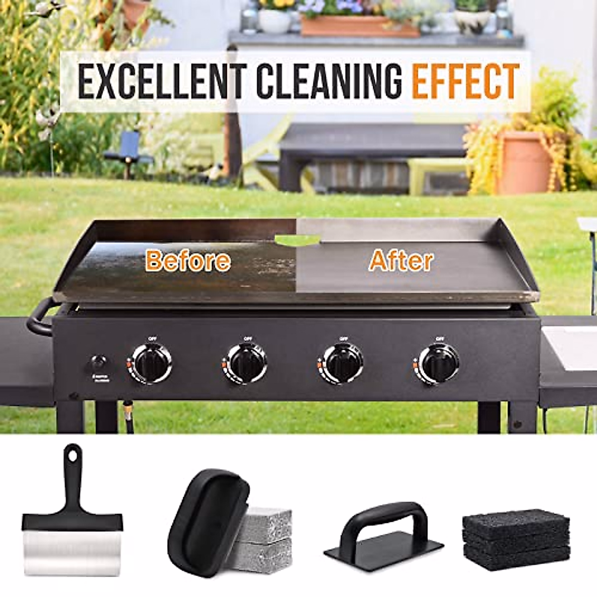 Griddle Cleaning Kit for Blackstone, Flat Top Grill Cleaning Kit with Grill Stone, Griddle Scraper & Griddle Brush Easy to Remove Stain