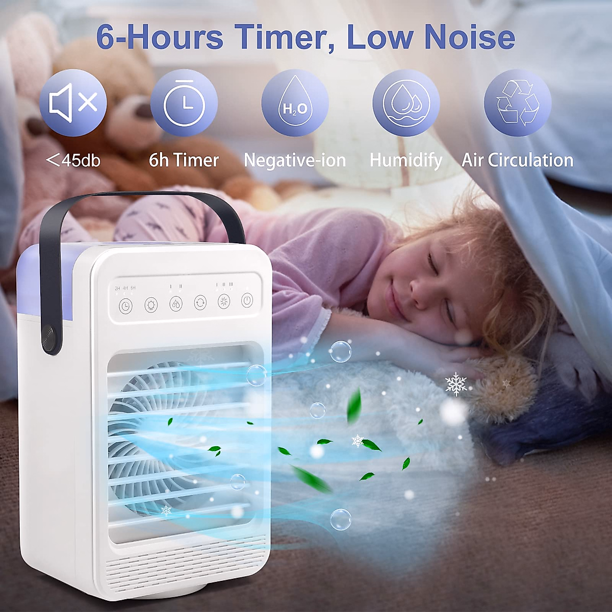 VIIMI Portable Air Conditioner, 6-IN-1 Evaporative Personal Air Cooler Humidifier with 4 Speeds 7 Colors Light, 70°Oscillation USB Quiet Air Cooler white