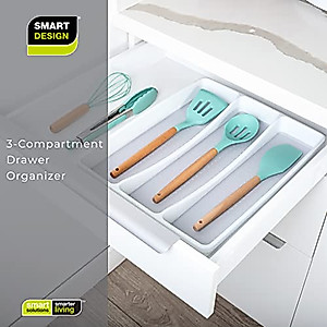 Smart Design 3-Compartment Plastic Drawer Organizer - Non-Slip Lining and Feet - BPA Free - Utensils, Flatware, Office, Personal Care, or Makeup Storage - Kitchen - White with Gray