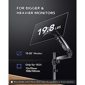 HUANUO Single Monitor Mount - Gas Spring Monitor Arm Fits 13-32'' Monitor, Full Motion Swivel, Single Monitor Stand, Ultra Height Adjustable for Stand Work, Monitor Desk Stand with VESA, Max 19.8lbs