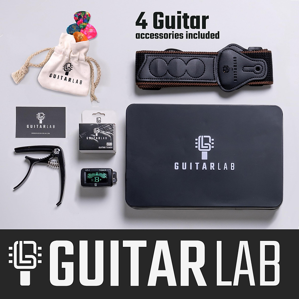 Guitar Accessories Kit - Premium Metal Tin with Guitar Strap, Capo, Tuner & Picks for Acoustic, Bass, Electric & Ukelele Guitars