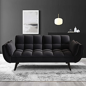 KINFFICT 57 inch Black Futon Sofa Couch Bed, Comfy Velvet Upholstered Loveseat, Convertible Sleeper Sofa cama with Adjustable Backrest, Mid Century Modern Sofas for Living Room, Bedroom, Small Space