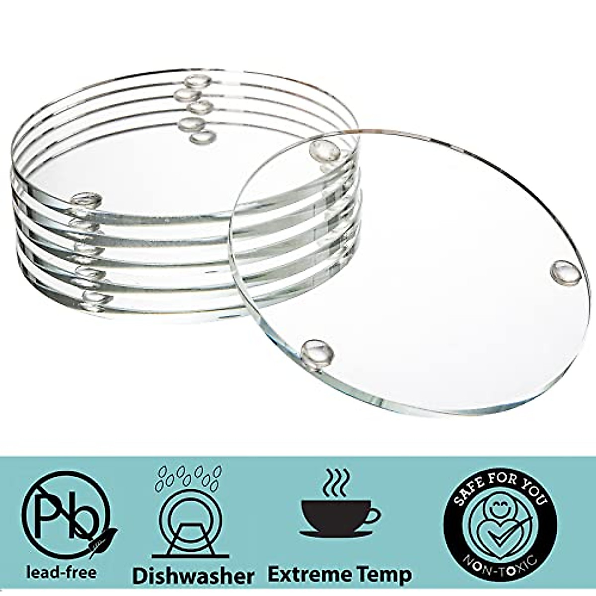 YOUEON Set of 6 Round Glass Drink Coasters, 3.5 Inch Crystal Coasters Decorative Glass Plates Clear Glass Coasters for Mugs, Cups, Dining Tables, Office, Kitchen, Home Decor and Parties