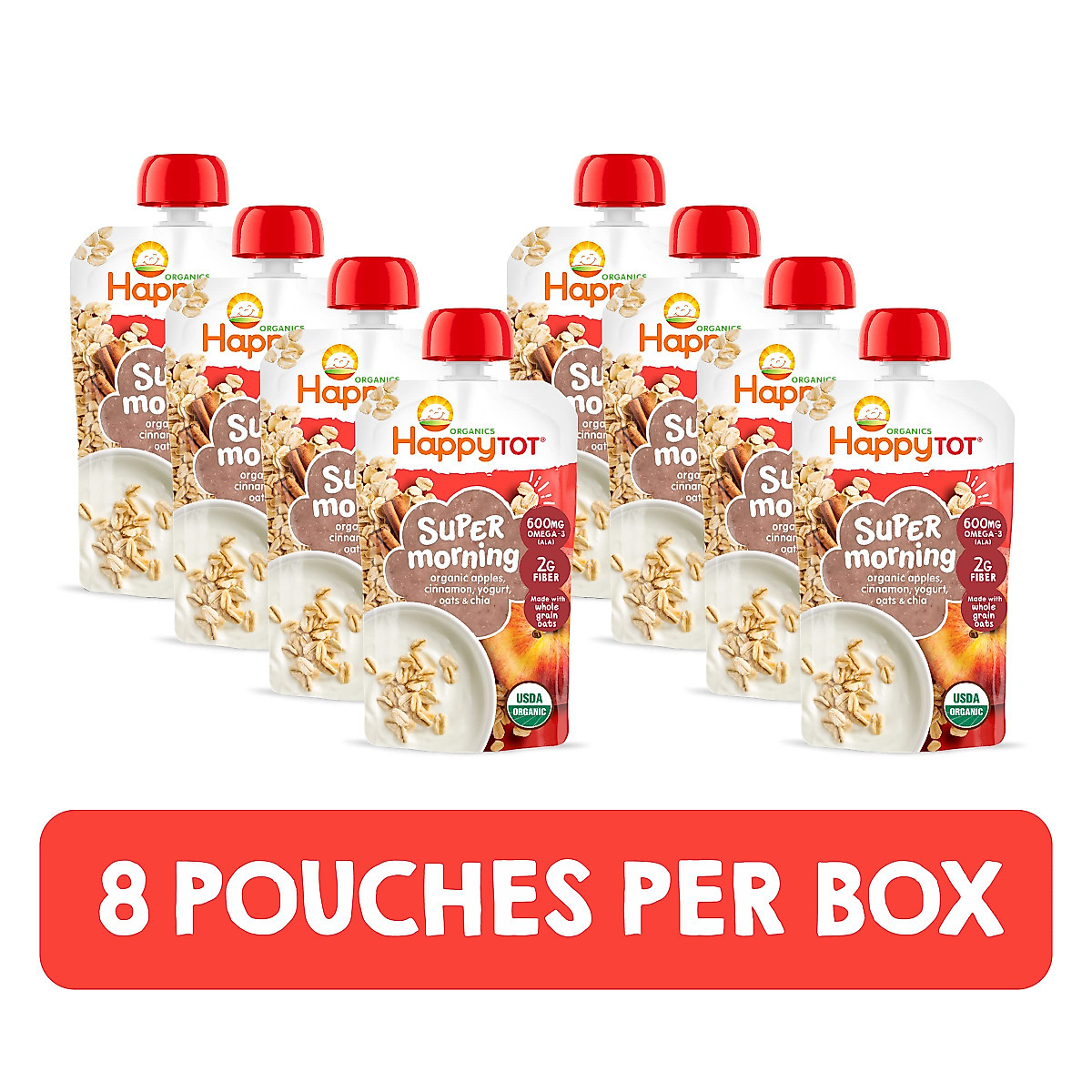 Happy Tot Organics Stage 4 Baby Food Pouches, Gluten Free, Super Morning Fruit & Oat Blend, Apple, Cinnamon, Yogurt, Oats & Chia, 4 Oz (Pack of 8)