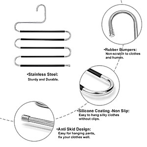 HonTop 3 Pack Pants Hangers S-Shape 5 Layers Stainless Steel with Black Silicone Coating Multi Clothes Cascading Pants Hangers Space Saving Clothes Organizer for Jeans Pants Scarf Ties Towels