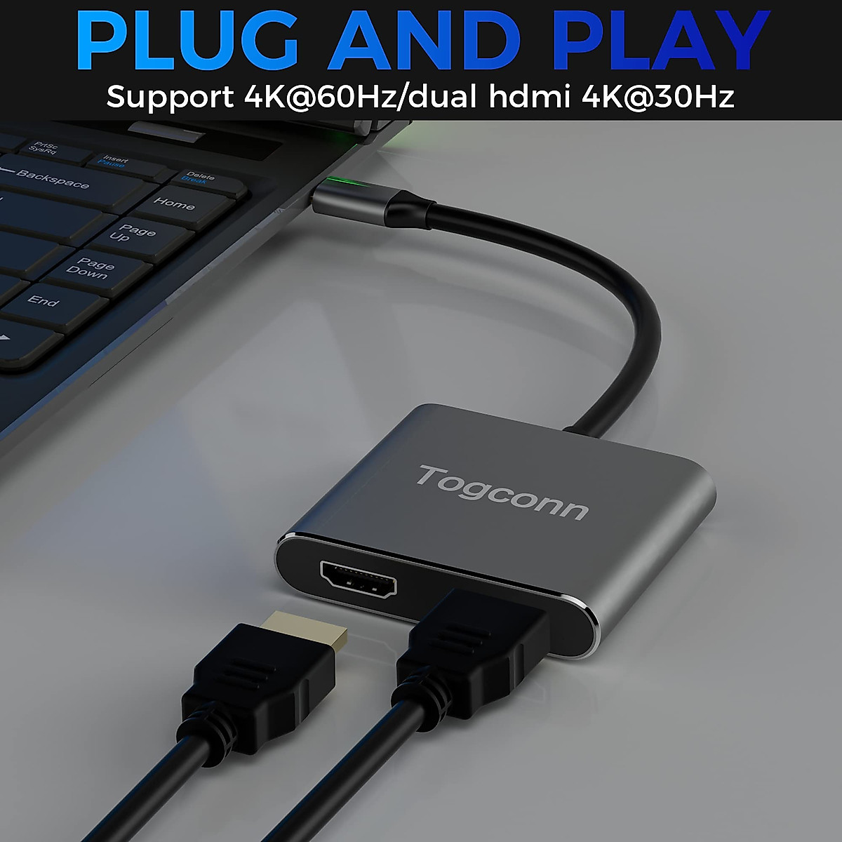 Togconn 4K USB C to Dual HDMI Adapter, Supports 4K@60Hz, USB C to Dual HDMI Female Connector, Type C (Compatible Thunderbolt 3) to 2 HDMI Converter, for MacBook Pro/Air, Dell XPS 13/15
