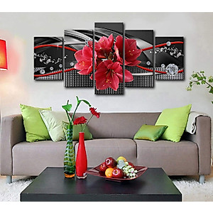 Large Red Flower Canvas Wall Art Prints Picture Black 5pcs Painting Home Decor Bedroom Ready to Hang Framed Modern Artwork 30x60
