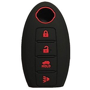 RUNZUIE Silicone Keyless Entry Remote Key Fob Cover Protector Compatible Fit for Nissan Teana Murano Maxima Pathfinder Rogue Versa 370Z Sentra Altima Black with Red 4 Buttons