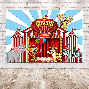 MEHOFOND Circus Birthday Photo Studio Booth Background Red Stripes Animals Circus Carnival Kids Happy Birthday Party Decorations Backdrops Banner for Photography 7x5ft
