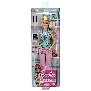 Barbie Nurse Fashion Doll with Medical Tool Print Top & Pink Pants, White Shoes & Stethoscope Accessory