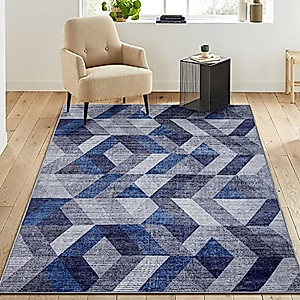 RUGSREAL Washable Rug Geometric Trellis Low-Pile Area Rug Stain Resistant Modern Area Rug Throw Non-Slip Non-Shedding Area Rug for Living Room Bedroom Office, 5' x 7' Blue