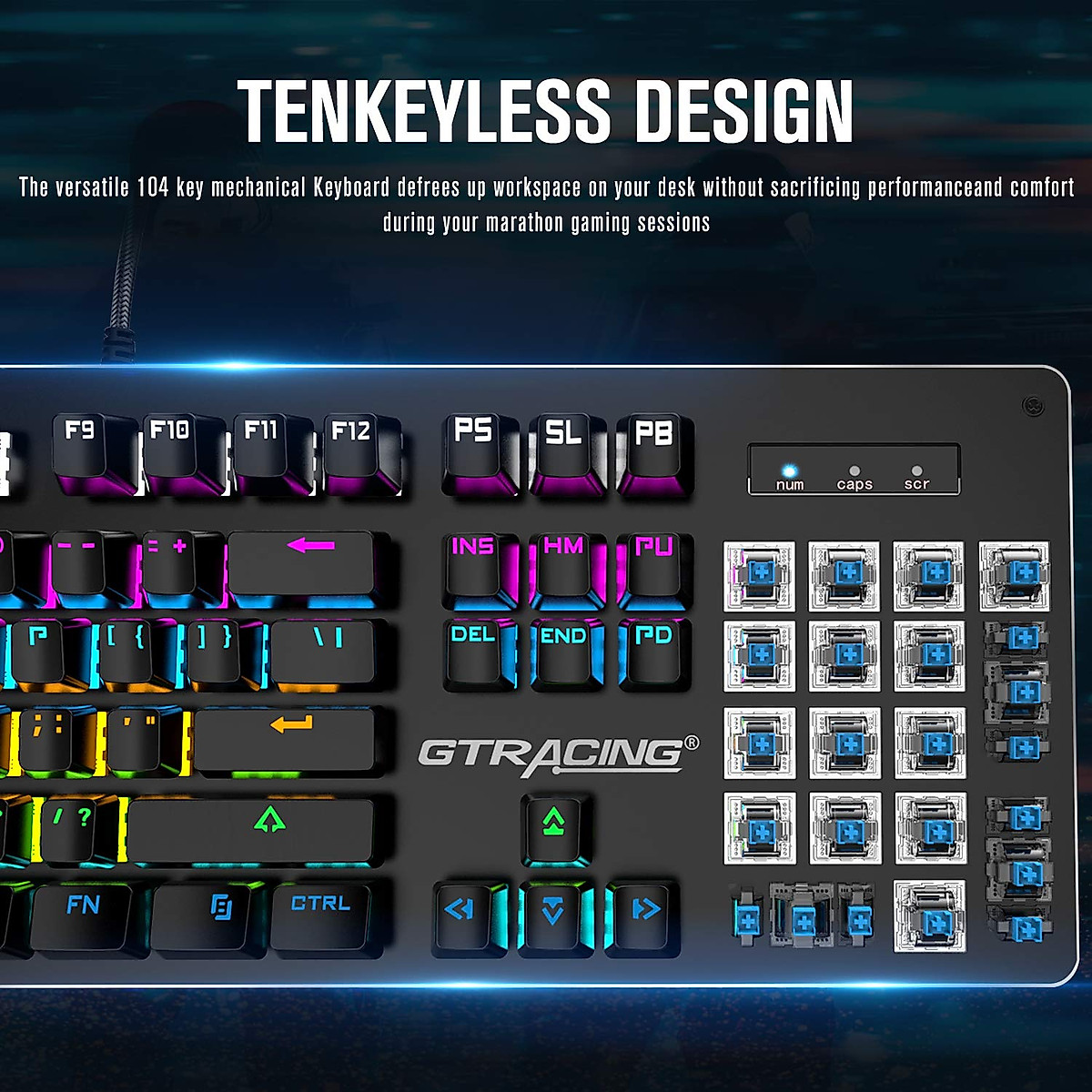 GTRACING Mechanical Keyboard, Wired Gaming Keyboard, Switch 104 Keys Rainbow Backlit Keyboard and 20 LED Lighting Effect for PC Computer Gamers (Silver)