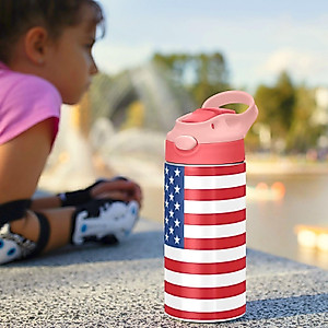 Kigai American Flag Kids Water Bottle, Insulated Stainless Steel Water Bottles with Straw Lid, 12 oz BPA-Free Leakproof Duck Mouth Thermos for Boys Girls