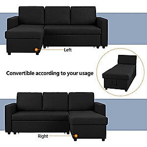 Yaheetech Sectional Sofa L-Shaped Sofa Couch Bed w/Chaise, Reversible Couch Sleeper w/Pull Out Bed & Storage Space, 4-seat Fabric Convertible Sofa, Pull Out Couch, Suitable for Living Room Black
