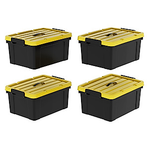 Cetomo 40Qt*4 Durabilt Flip Lid Stackable Heavy Duty Tough Storage Container Tote, Plastic Storage Bins, Storage Box, Black Base with Yellow Lid (4 Pack)