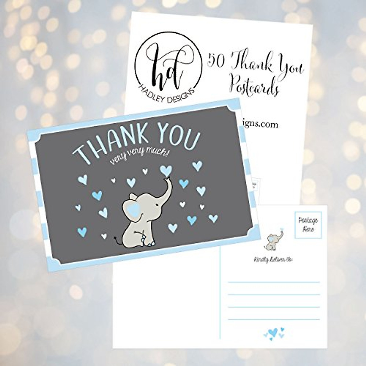 Hadley Designs 50 4x6 Elephant Boy Baby Shower Thank You Postcards Bulk, Beautiful Modern Cute Boho Blue Blank Thanks Note Card Stationery Appreciation Set