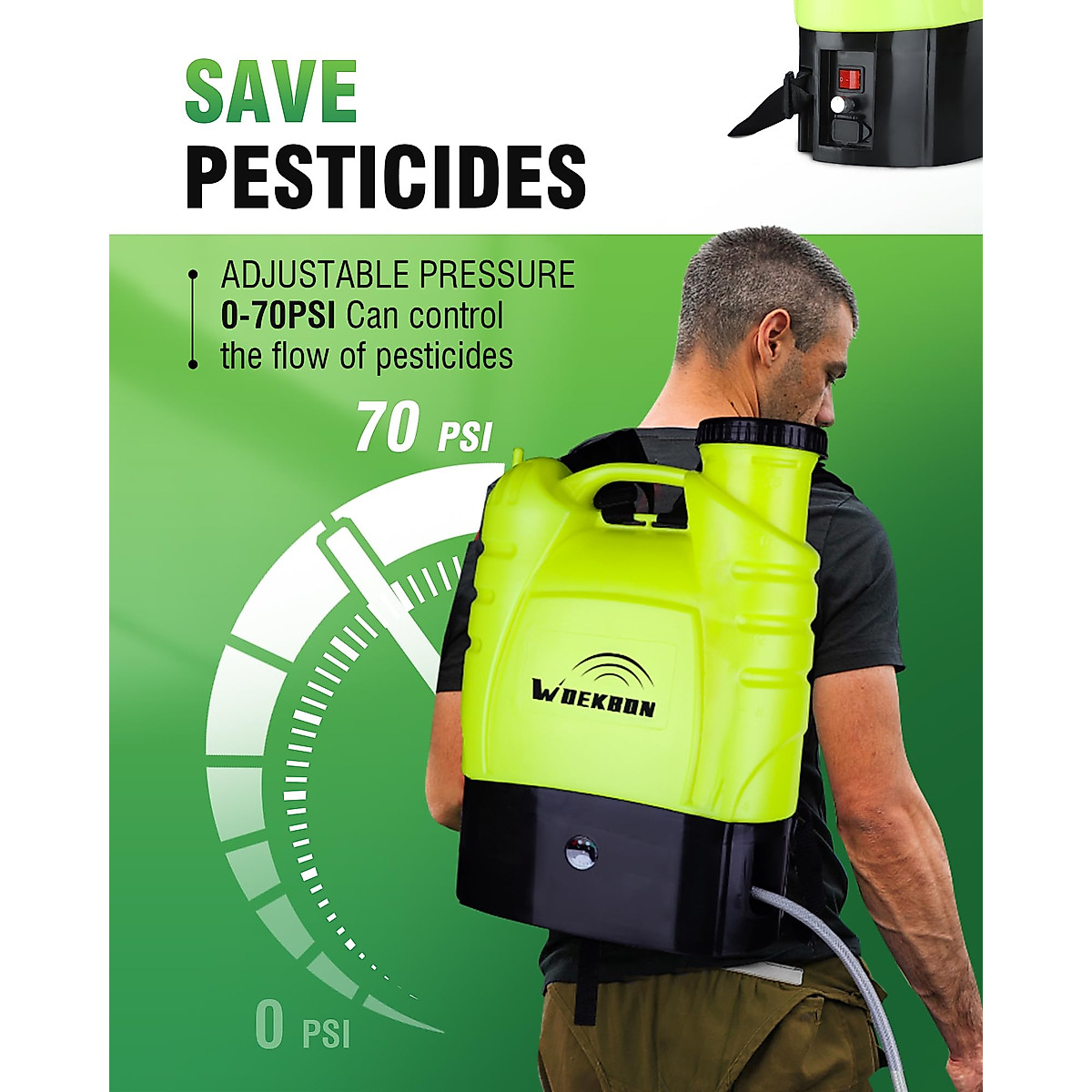 WOEKBON 4 Gallon Battery Powered Backpack Sprayer Electric Garden Pump Sprayer with Lithium Battery for Long Time Spray Brass Telescope Wand and Multiple Nozzles for Spraying Cleaning