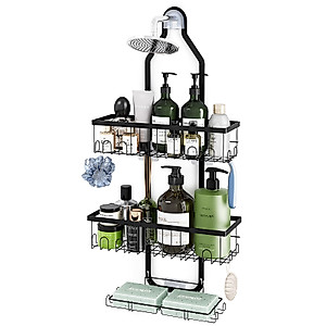 Fixwal Shower Caddy Hanging Over Shower Head, Height Adjustable Bathroom Black Rustproof Shower Organizer Hanging Shelf Storage with 2 Soap Holders, Hooks for Towels, Sponge, Razor
