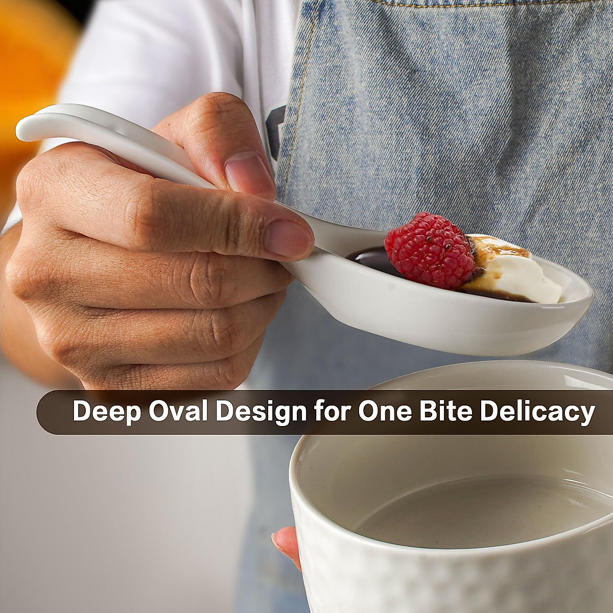 Wareland Asian Soup Spoons Set of 6, Ceramic Chinese Soup Spoons 7 Inch Japanese Spoon for Ramen Pho Dumpling Miso Wonton Noodles | Long Handle Flat Bottom Deep Oval Hook Design | White