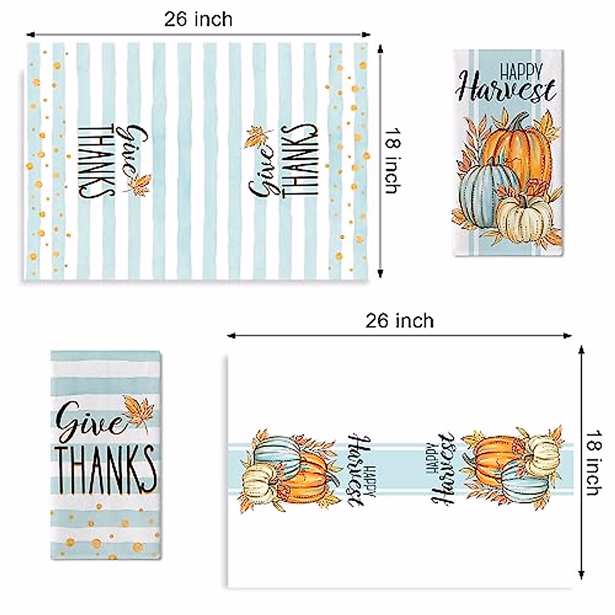 Seliem Thanksgiving Give Thanks Fall Kitchen Dish Towels Set of 2, Happy Harvest Autumn Pumpkin Hand Towels Drying Baking Cooking Cloth, Maple Leaves Stripes Farmhouse Home Kitchen Decor 18x26 Inch