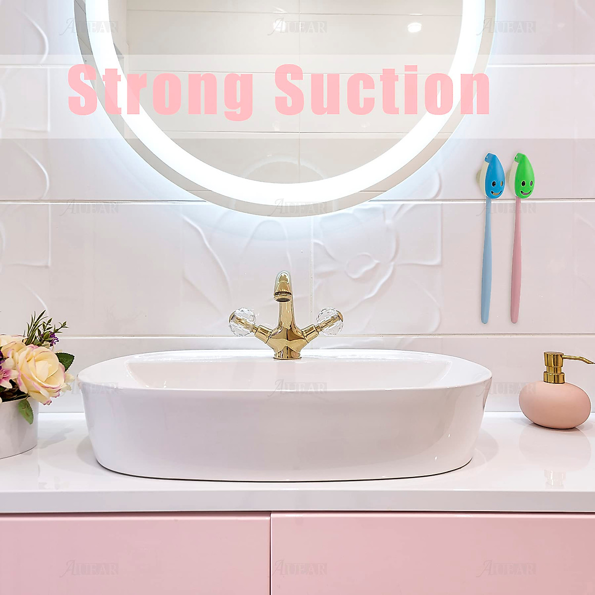 AUEAR, 8 Pack Happy Face Toothbrush Head Cover Cap with Suction Cup Cute Portable Protective Covers Case for Home Travel Outdoor Camping 4 Colors