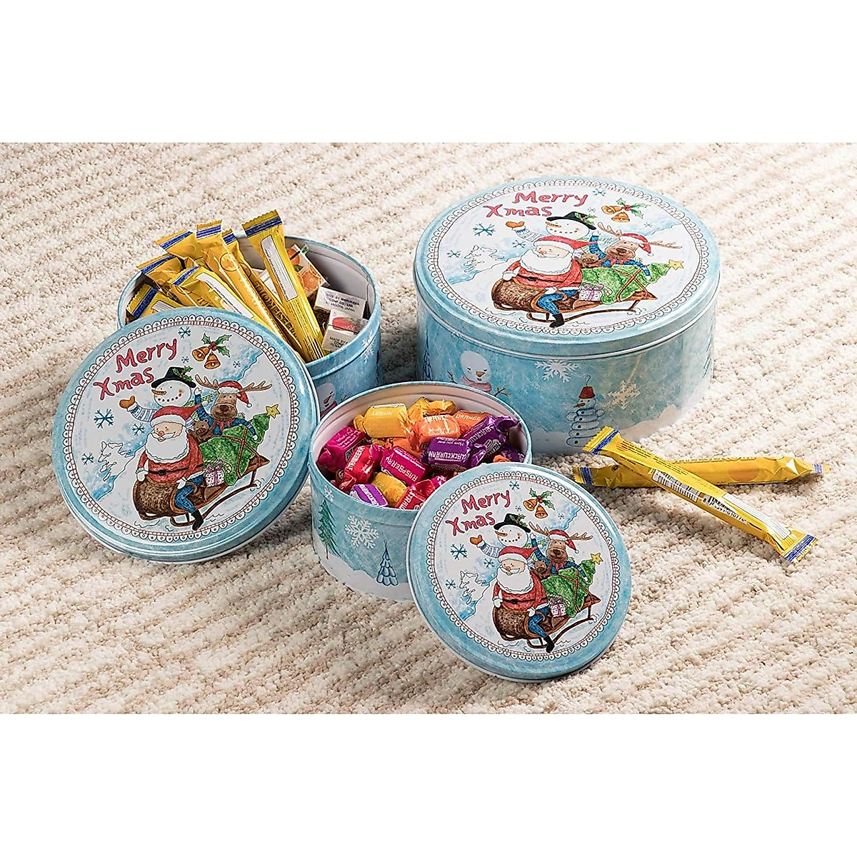 Juvale Christmas Nesting Cake Tins - 3-Set Round Nested Cookie Candy Storage Containers with Lids for Confectioneries, Holiday Decor, Light Blue and White