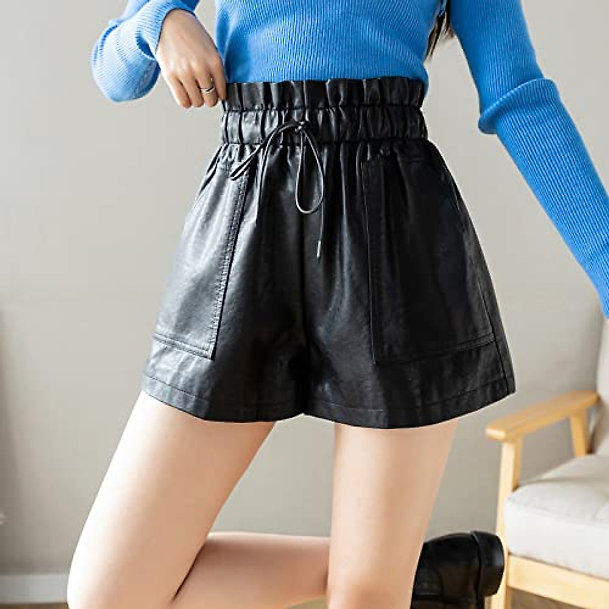SCHHJZPJ High Waisted Wide Leg Black Faux Leather Shorts for Women (Black, L)