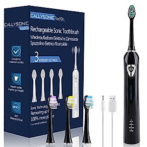 Sonic Electric Toothbrush for Adults and Teens, Rechargeable Whitening Ultrasonic Toothbrush with 4 Duponts Brush Heads, 3 Modes, 48000 VPM, Timer, Waterproof, 4H Charge for 45 Days (Black)