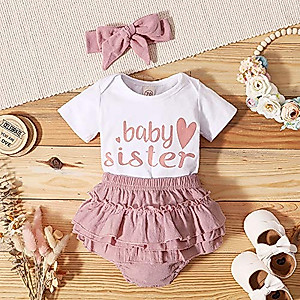 Dimoybabe Baby Girl Clothes Stuff Newborn Infant Summer Cute Outfit Cotton Ruffle Short Sleeve Romper + Floral Pants + Headband White Pink Baby Sister 0-3 Months 70CM