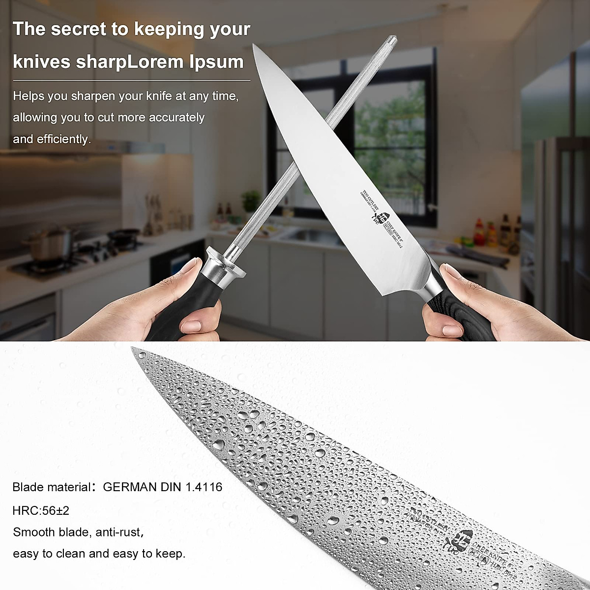 TUO 8 Pcs Chef Knife Set - Professional Knife Block Set Sharpener Steel, German Stainless Steel Ergonomic Pakkawood Handle with Gift Box, Fiery Phoenix Series - Black